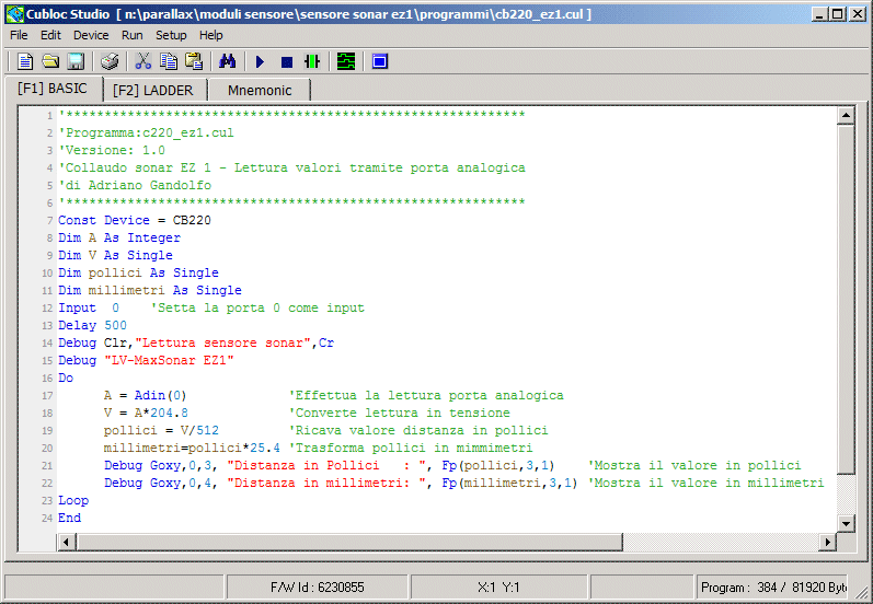 Il sensore LV-MaxSonar-EZ1 - Collegamento alla scheda CB220